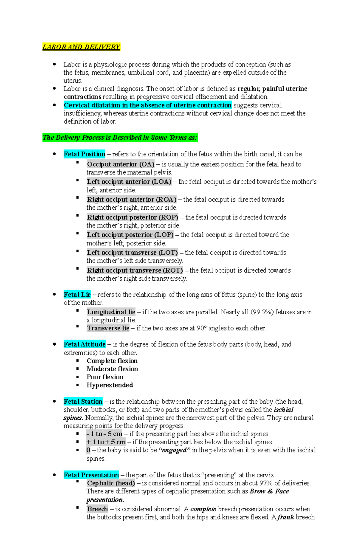 Maternal Labor and Delivery Discussion Notes and Study Material - LABOR ...