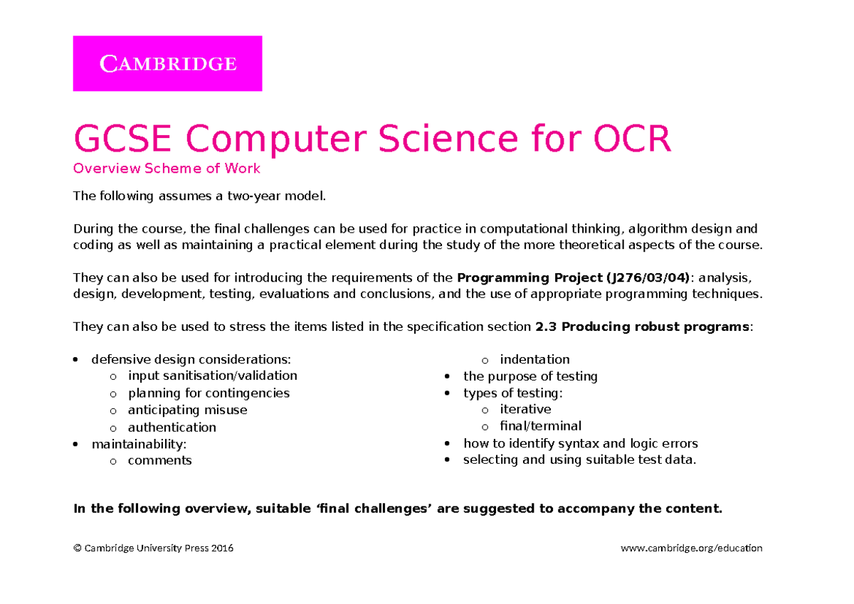 GCSE Computer Science (OCR) Scheme of Work: 2-Year Overview ...