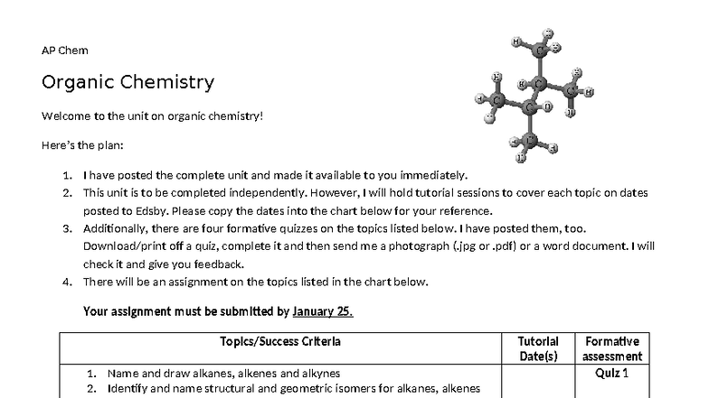 AP Chem - Organic Chemistry Unit Overview and Assignments - Studocu