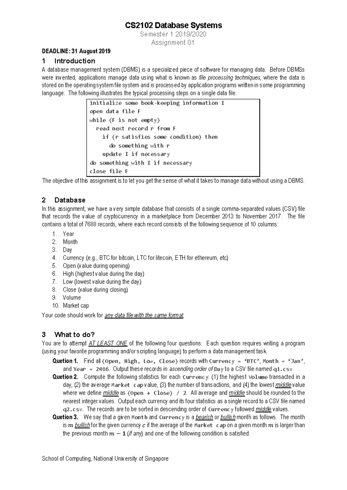 Assignment 01 - CS2102 Database Systems Semester 1 2019/ Assignment 01 School of Computing ...