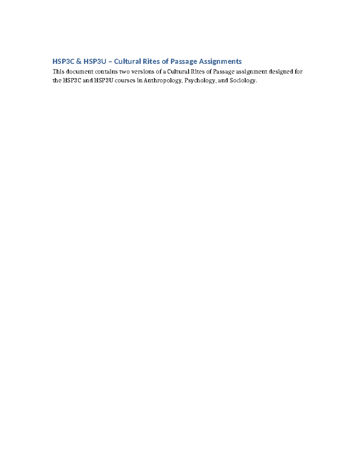 HSP3C HSP3U Cultural Rites of Passage Assignment Overview and Analysis ...