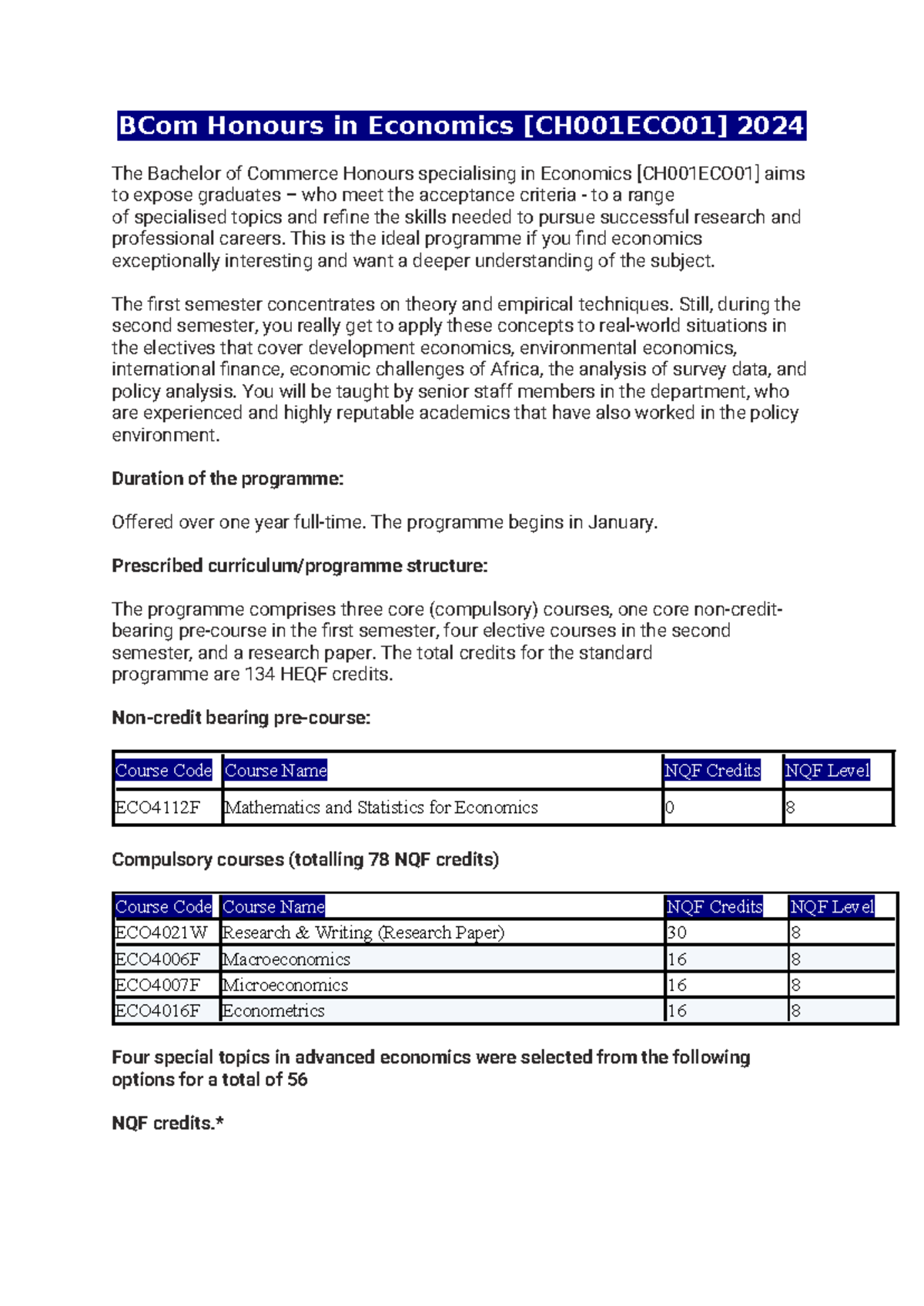 BCom Honours in Economics Overview [CH001ECO01] 2024 Guide - Studocu