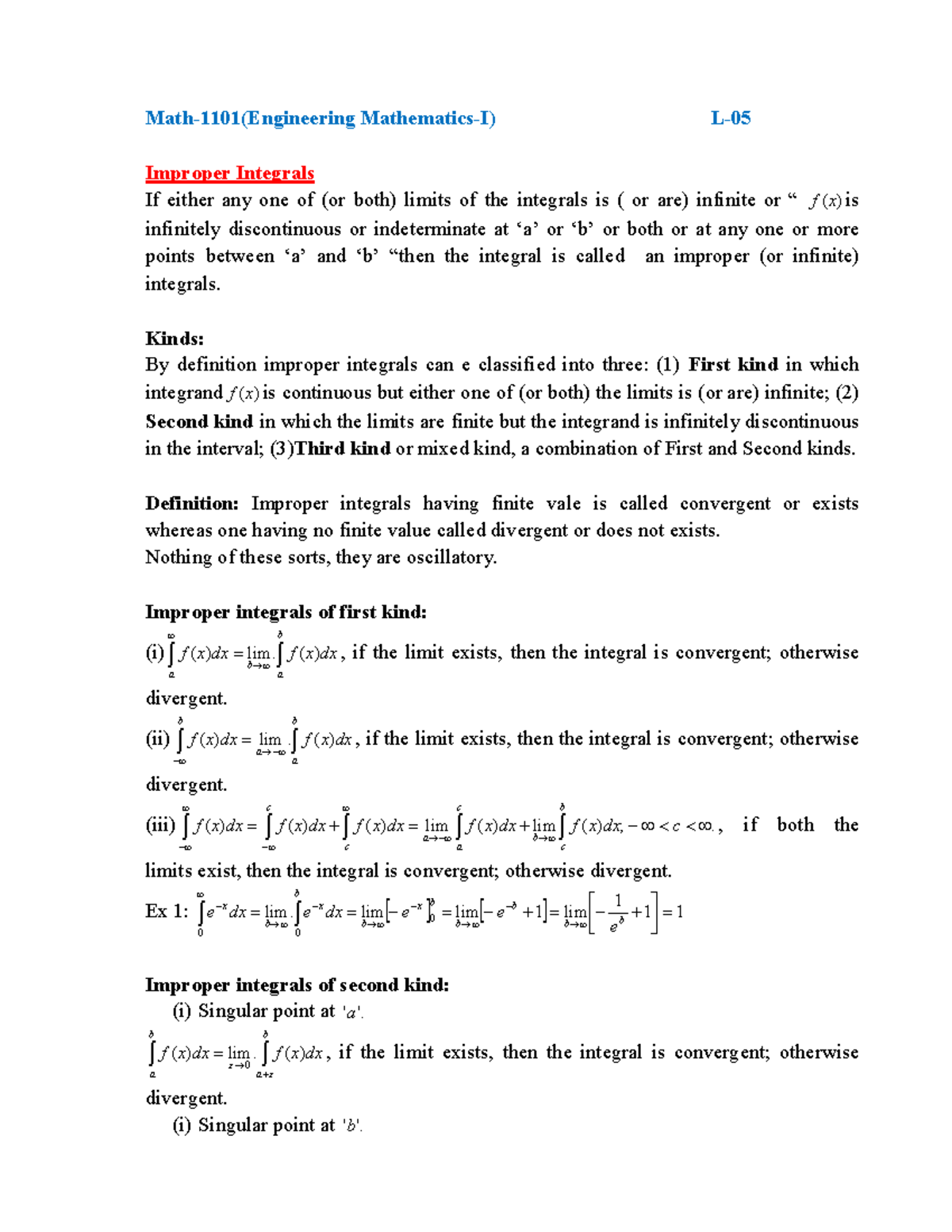 L.5 - Improper Integrals: Types, Definitions, and Examples - Studocu