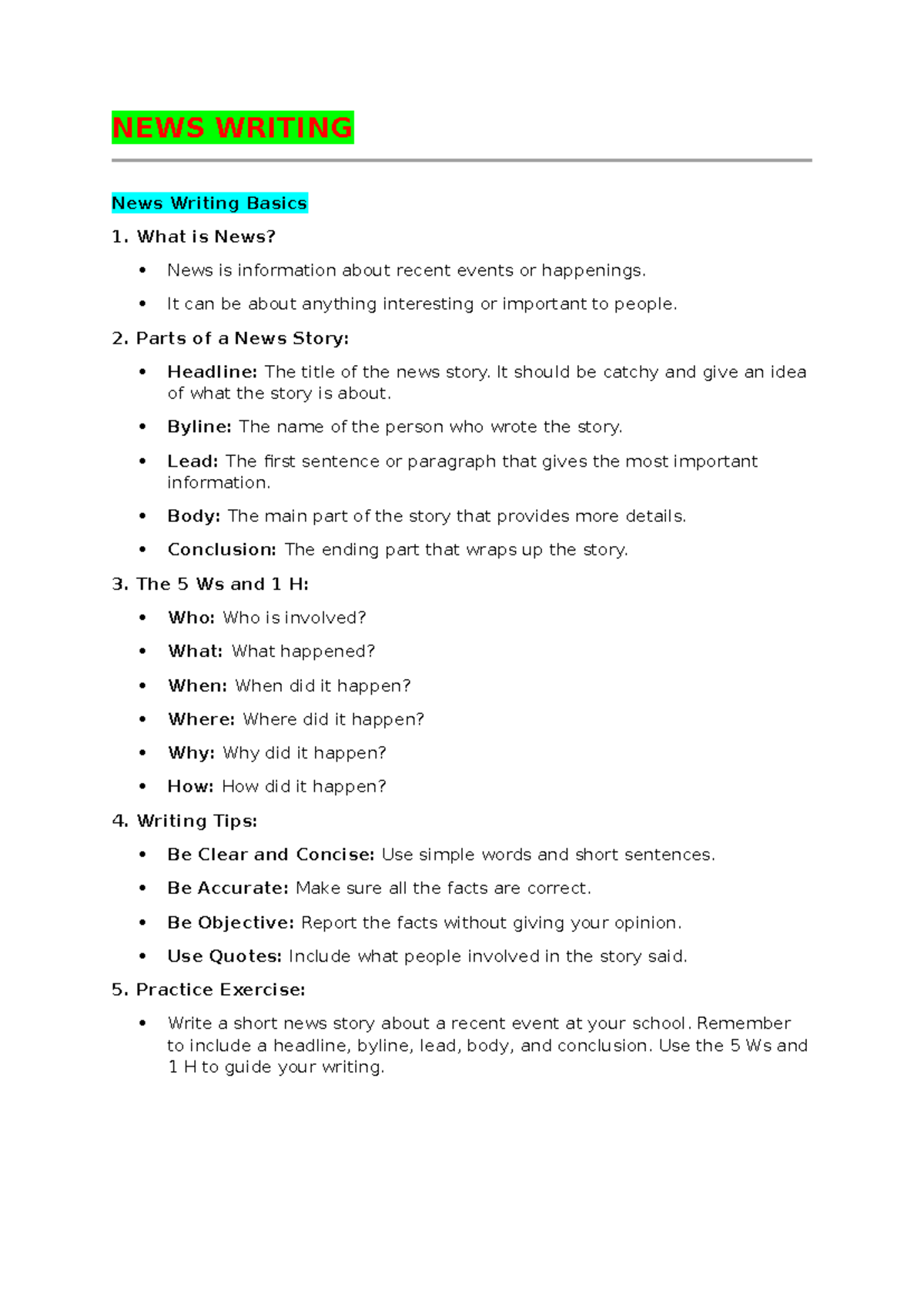 Journalism 101: News Writing Guide and Practice Worksheet - Studocu