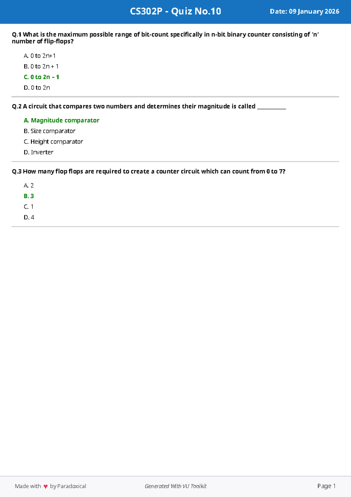 CS302P Quiz No.10 - Binary Counters and Comparators - Studocu