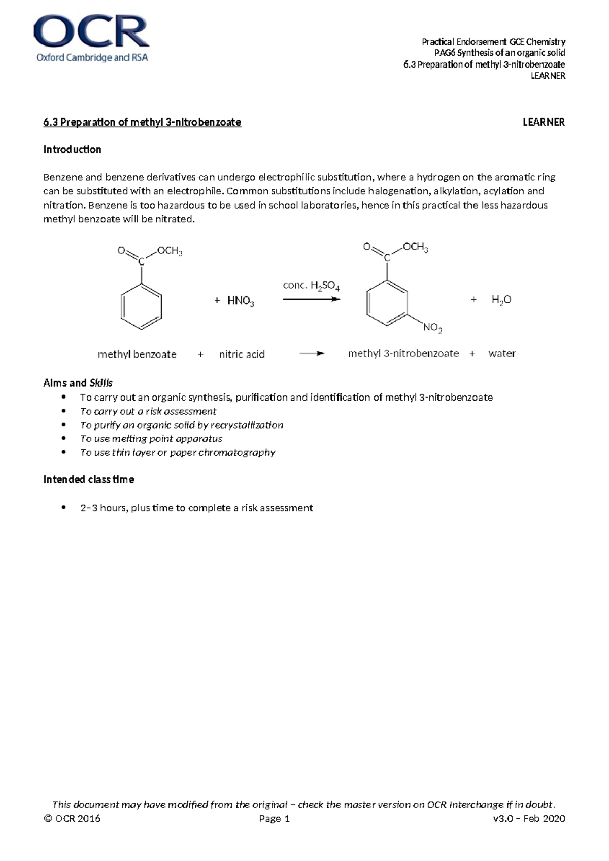 Chemistry PAG 6.3 Final Exam: Synthesis of Methyl 3-Nitrobenzoate - Studocu