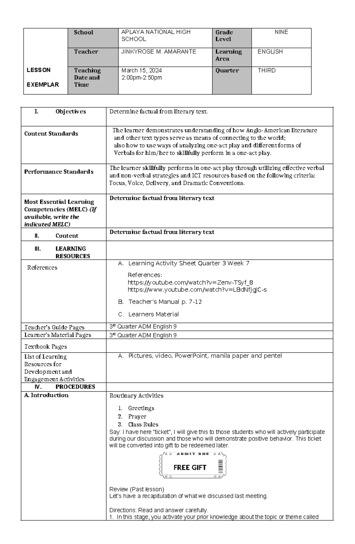 ENGLISH 9 Lesson Exemplar: Factual vs. Literary Texts (3rd Quarter) - Studocu