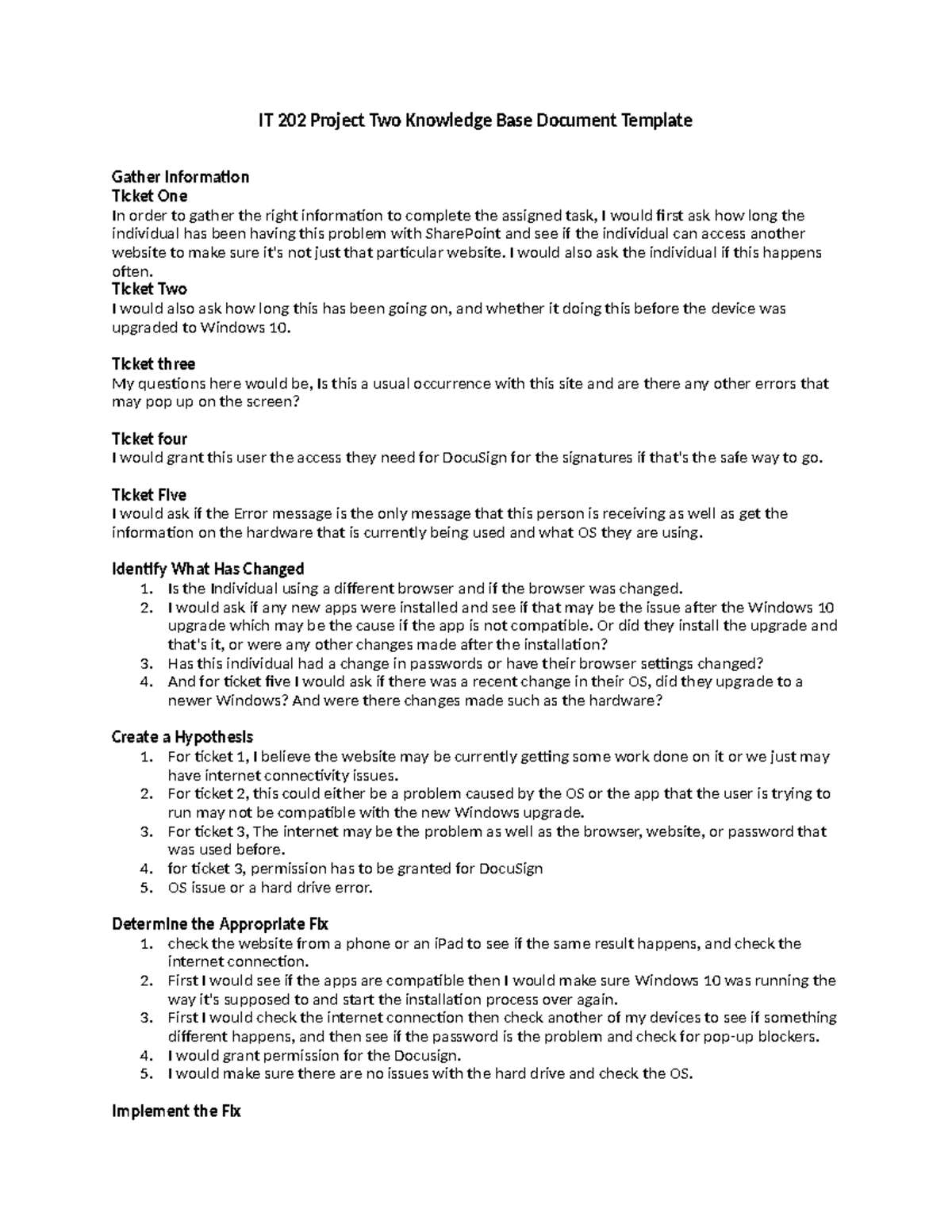 IT 202 Project Two Knowledge Base Document Template - I would also ask ...