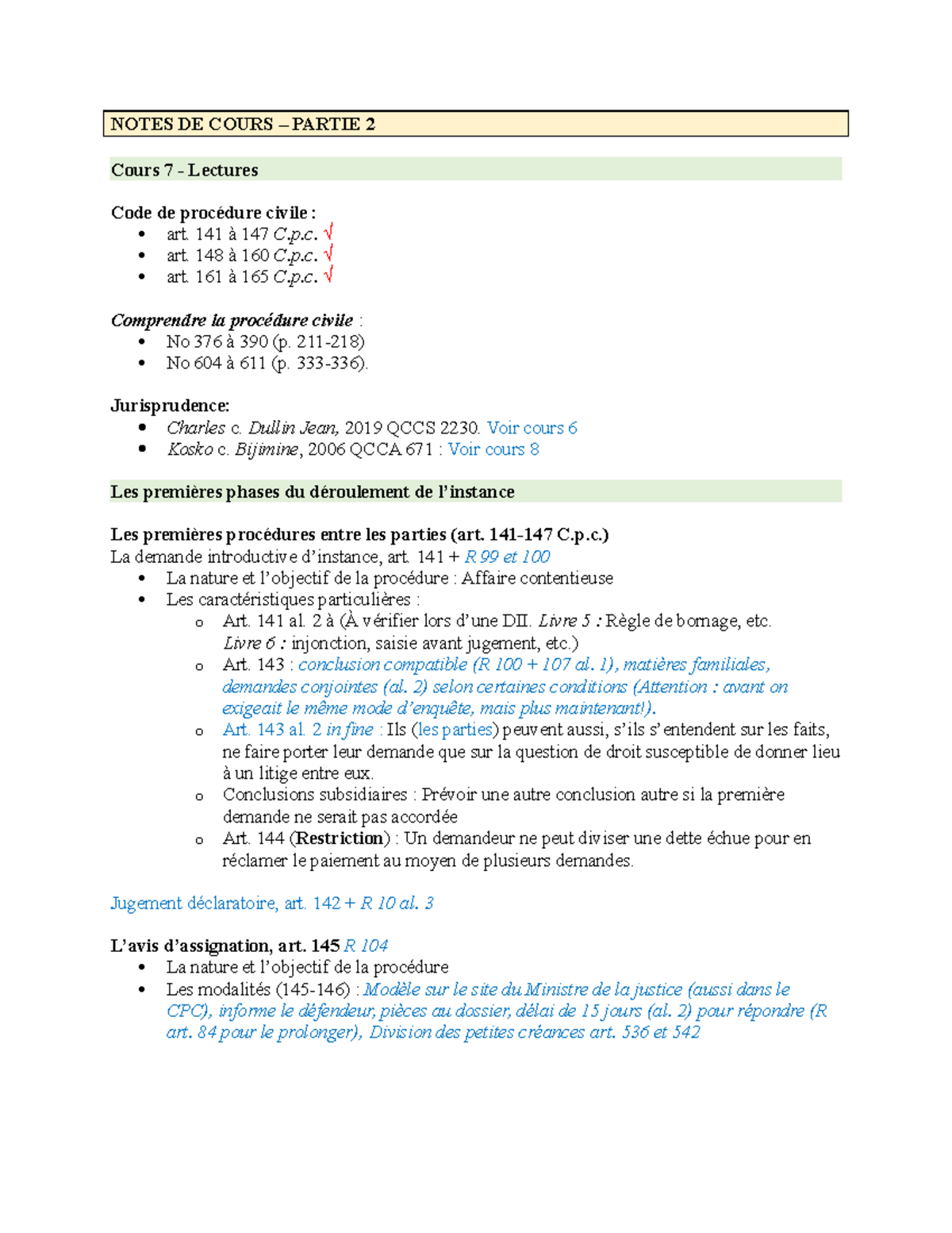 CPC - Notes de Cours Cours 7 à 10 - Procédure Civile et Jurisprudence ...