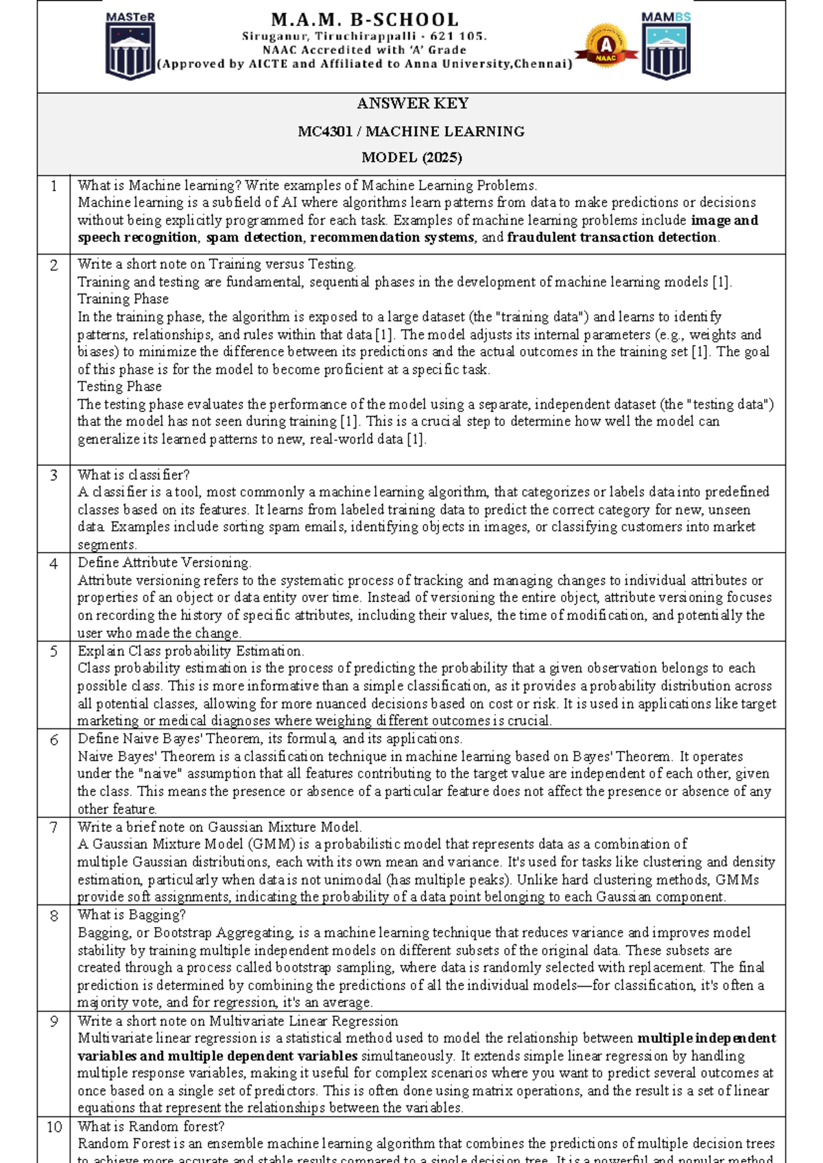 ANSWER KEY MC4301 MACHINE LEARNING MODEL (2025) - Studocu