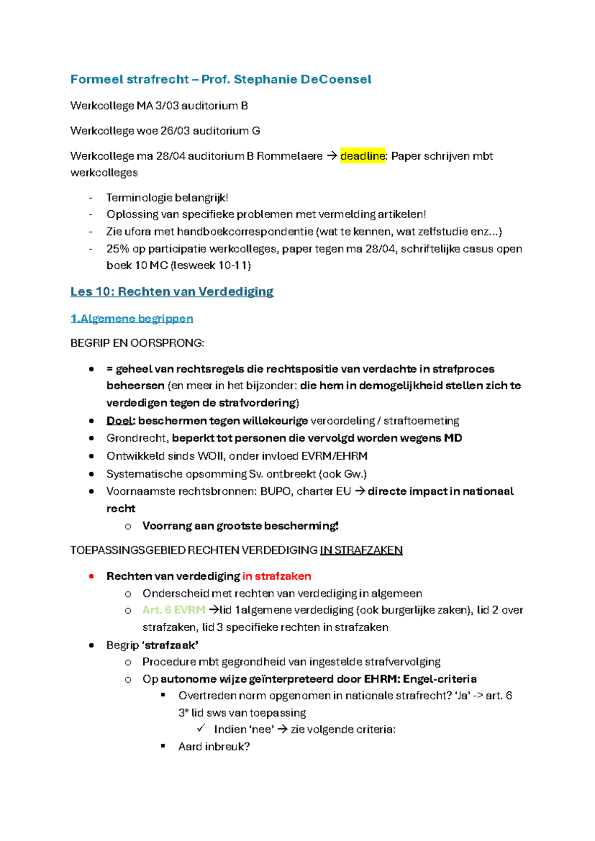 Lesnotities Les 10: Rechten van Verdediging in Formeel Strafrecht - Studocu