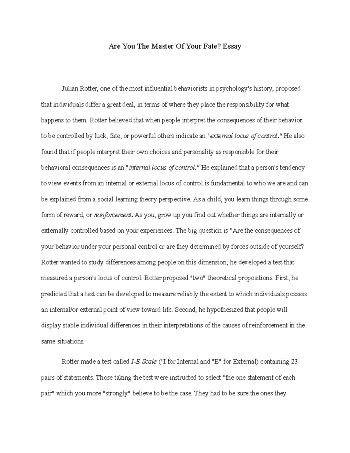 Are u the master - Are You The Master Of Your Fate? Essay Julian Rotter ...