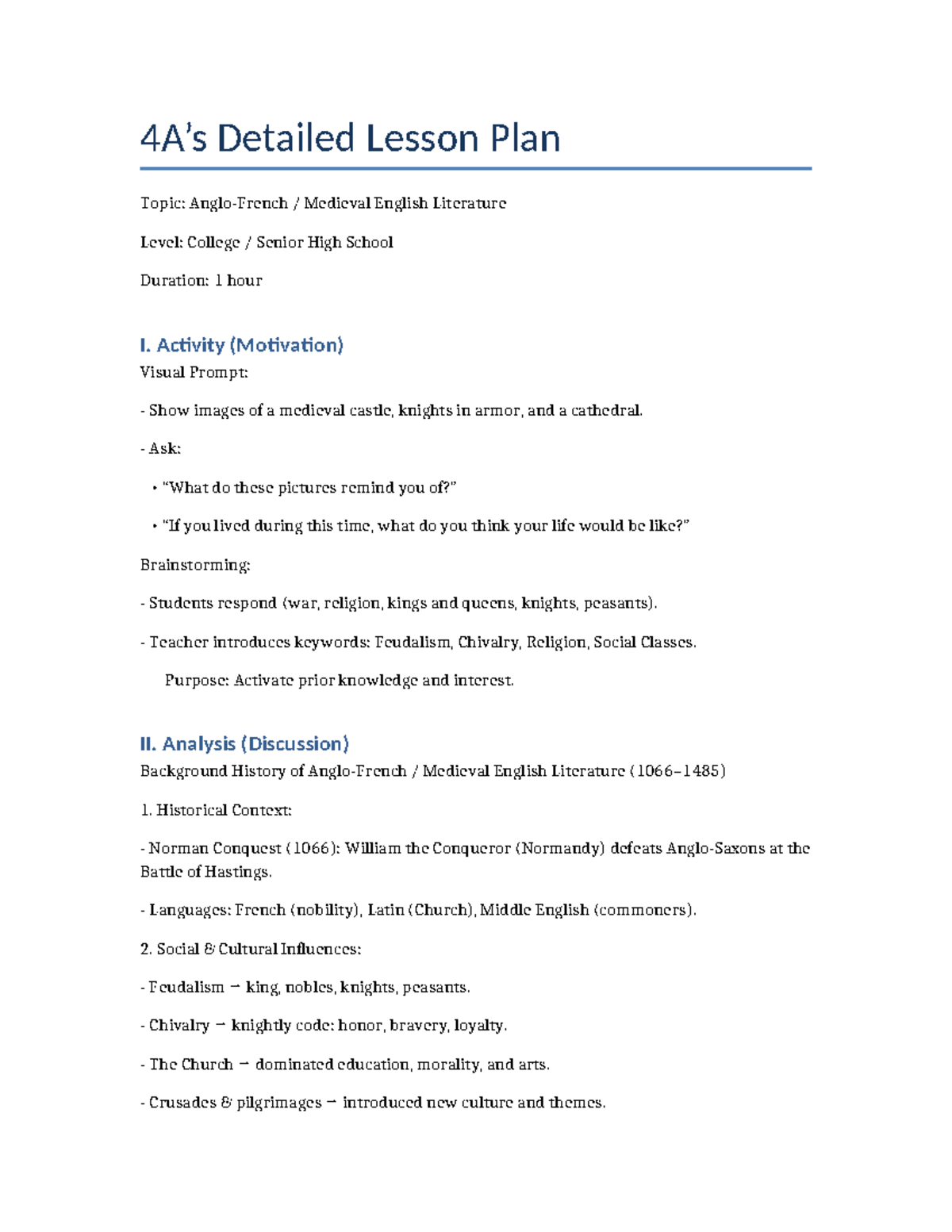 4As Detailed Lesson Plan: Medieval English Literature for College ...