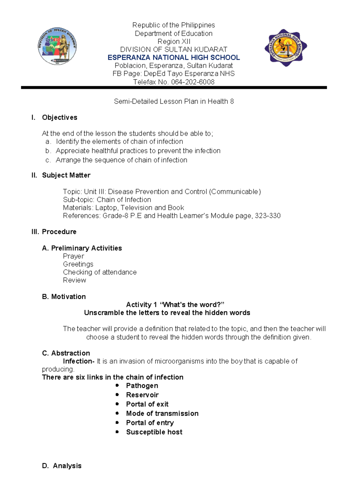 Health 8 Lesson Plan: Chain of Infection (Disease Prevention) - Studocu
