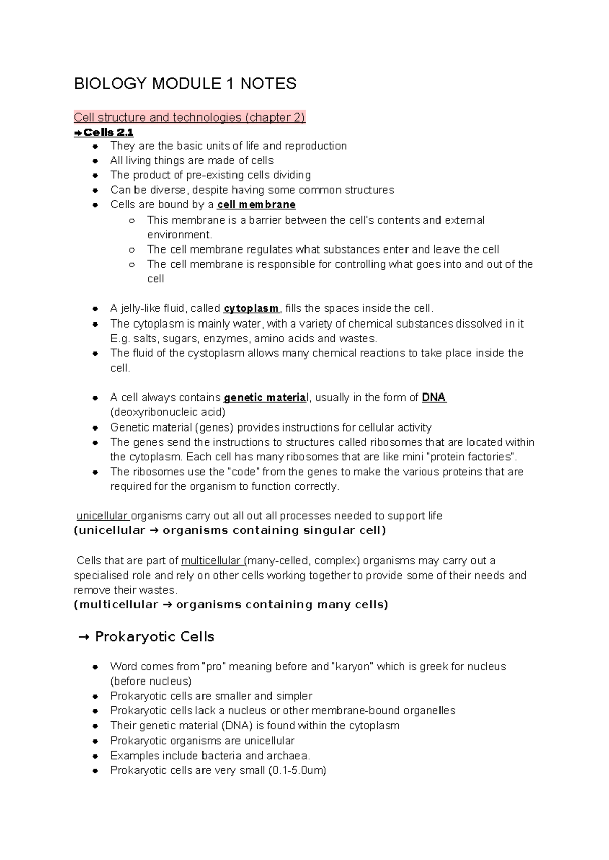 BIO 101 Module 1 Notes: Cell Structure and Technologies - Studocu
