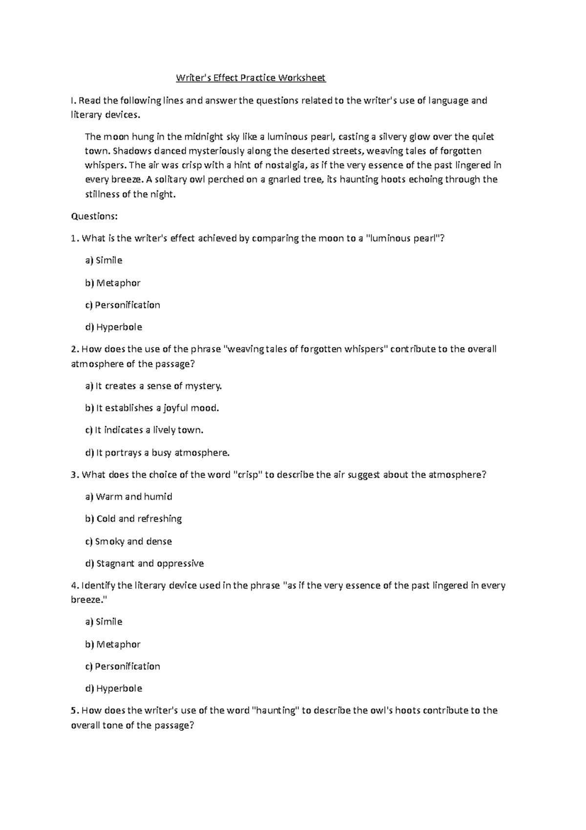 Writer's Effect Practice Worksheet: Analyzing Literary Devices - Studocu
