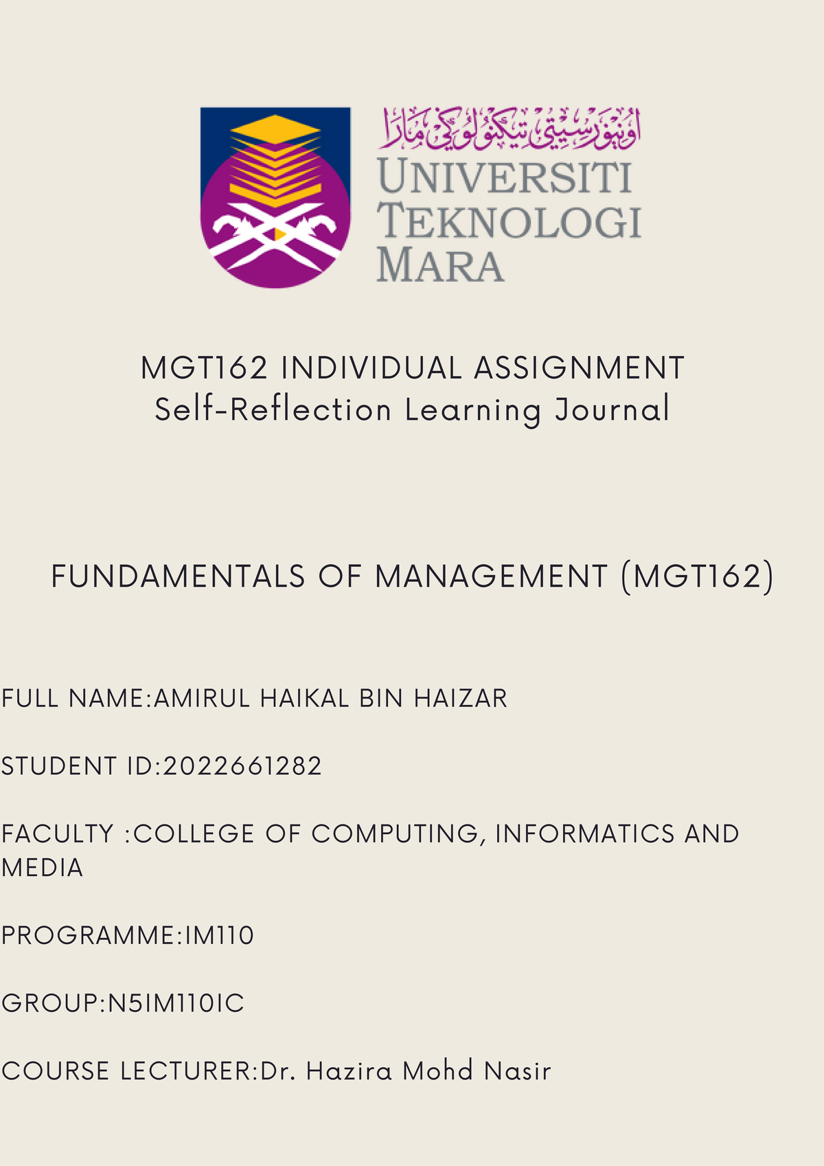 MGT162 Individual Assignment: Self-Reflection Learning Journal - Studocu