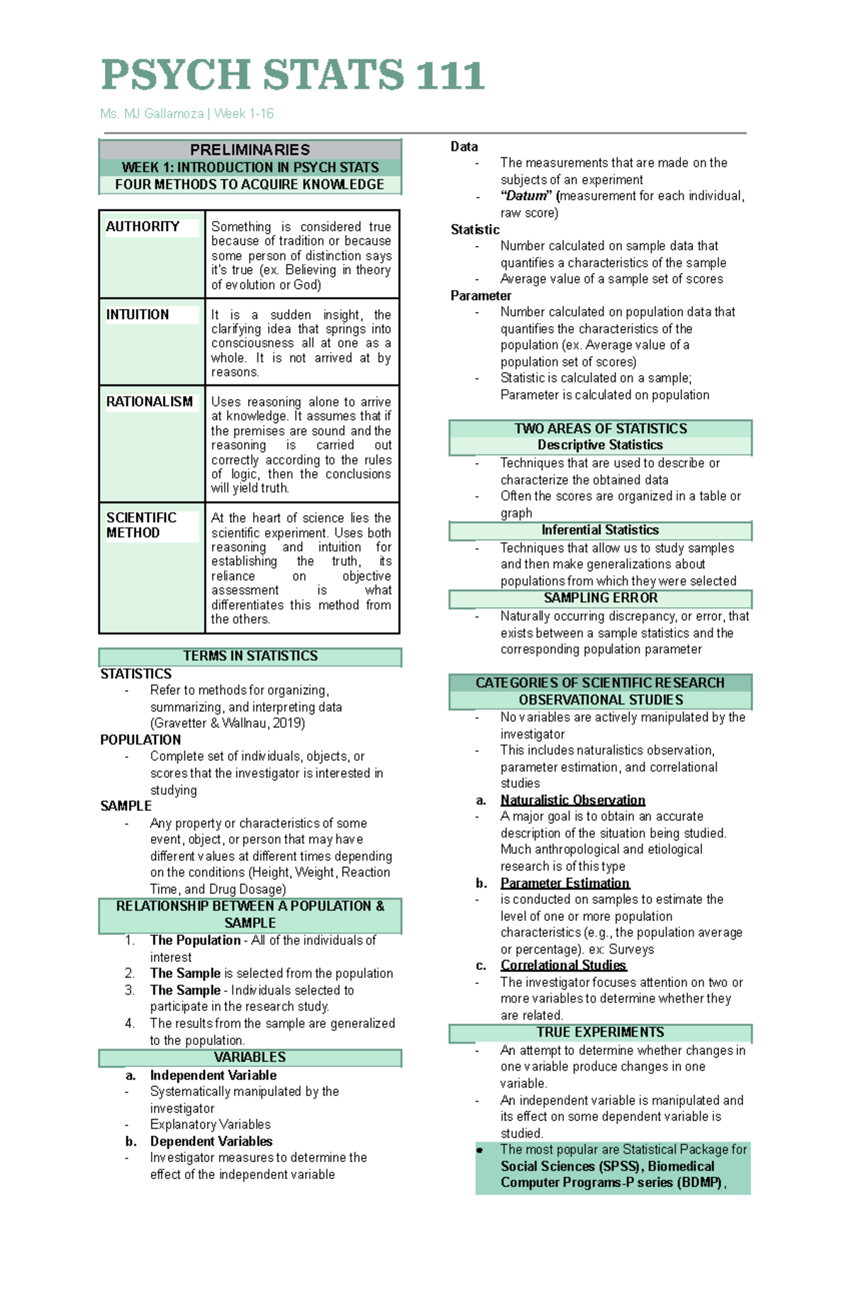 PSYCH STATS 1STYR2 Ndsem Week 1: Intro to Methods of Knowledge ...