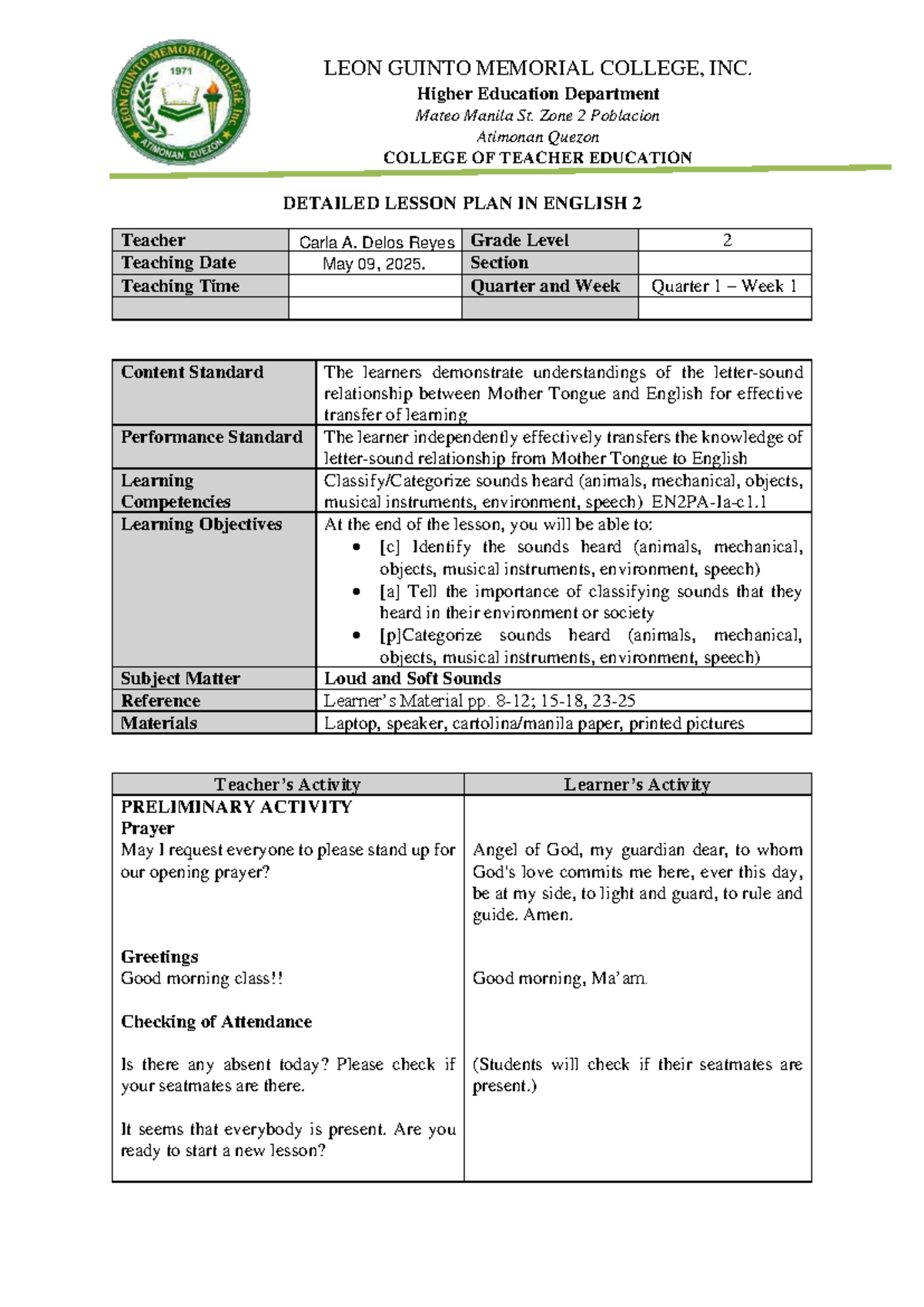 Detailed Lesson Plan in English 2: Loud and Soft Sounds (CTE 101) - Studocu