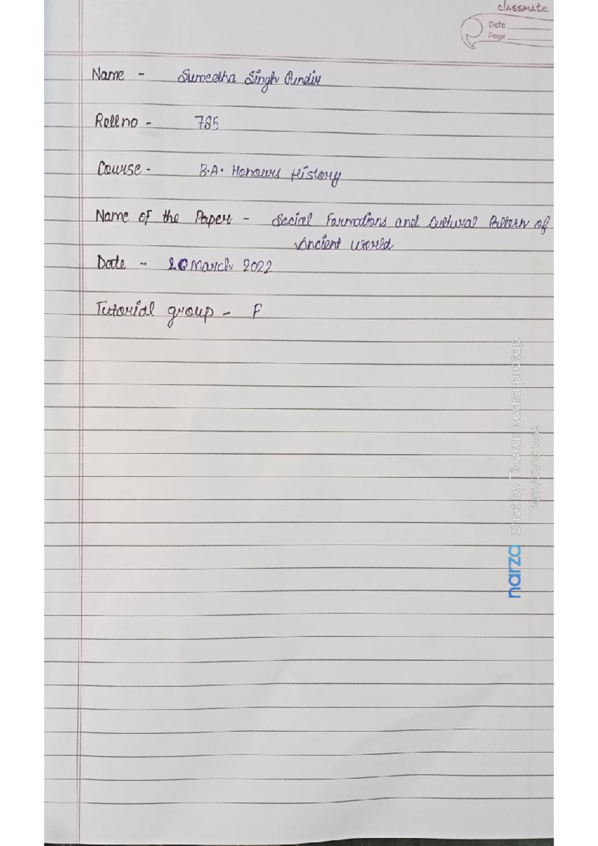 Sofo Assignment - classmate Date Page Name Sumedha Singh Pundie Rollno 785 B. Honours History ...