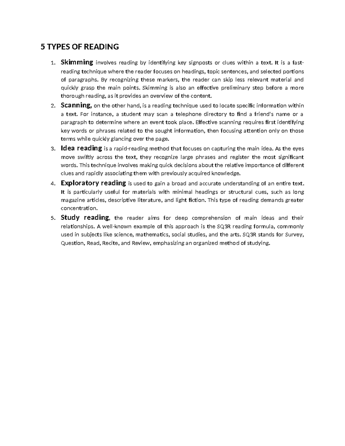 5 Types OF Reading - 5 TYPES OF READING 1. Skimming involves reading by ...