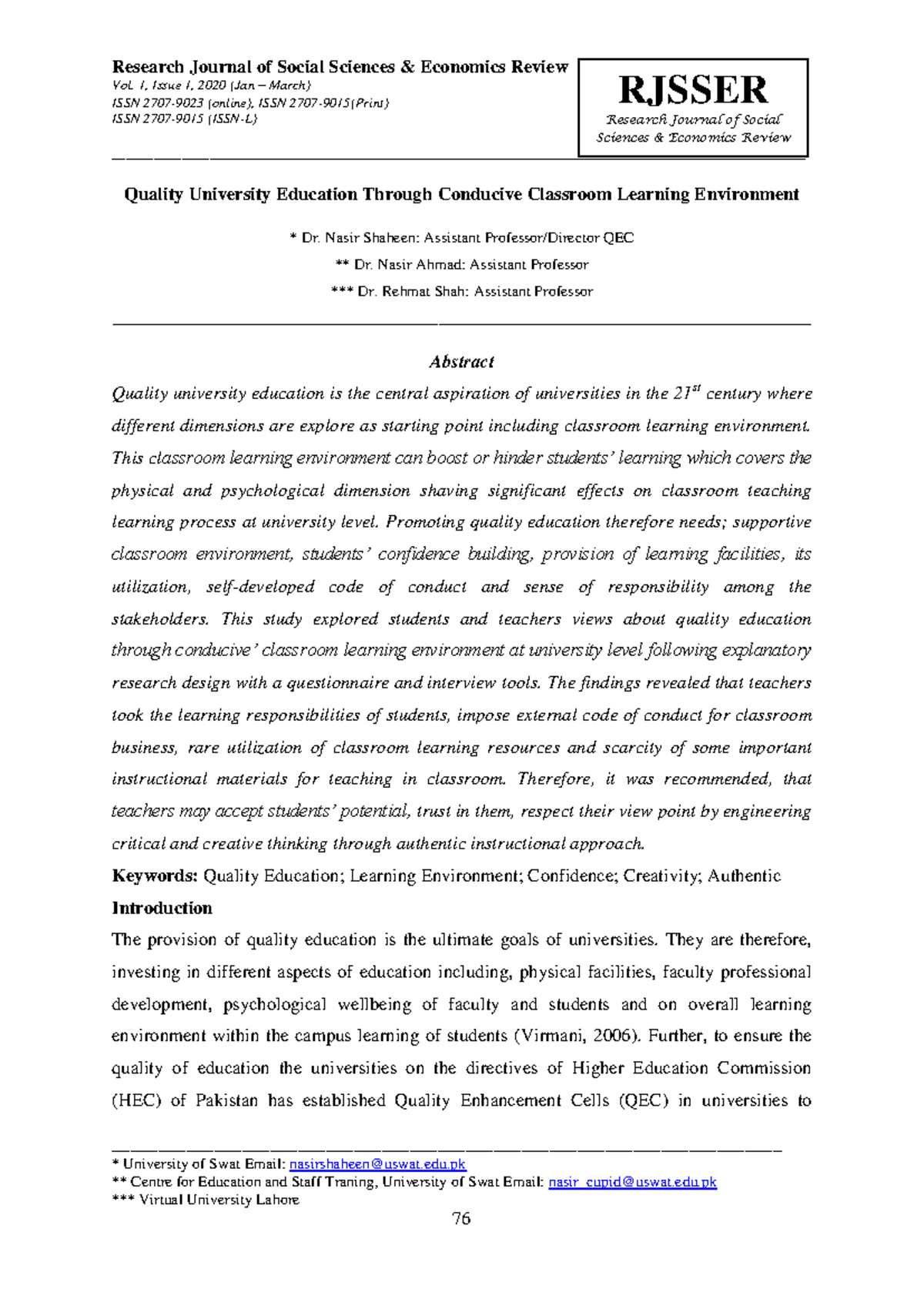 Quality University Education Through Conducive Classroom Environment: A ...