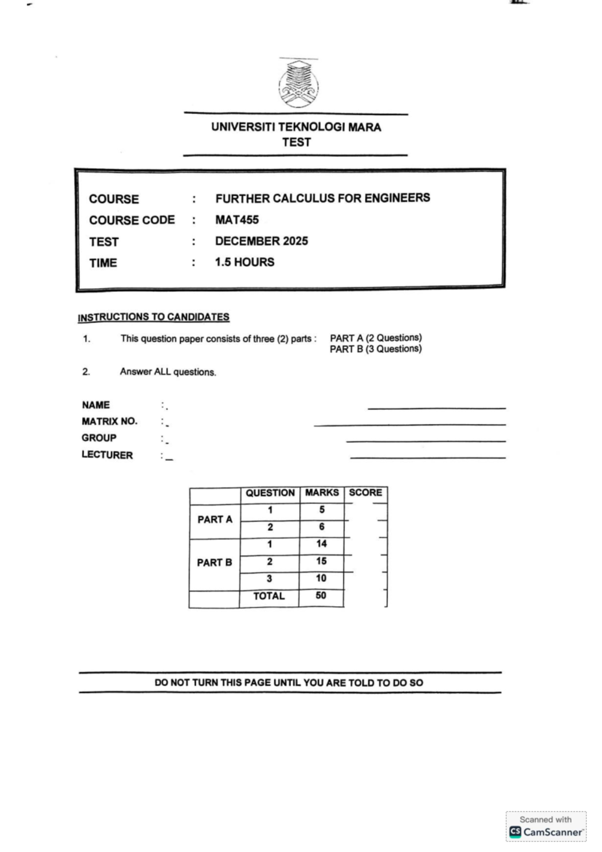 MAT455 Test: Further Calculus for Engineers - Dec 2025 - Studocu