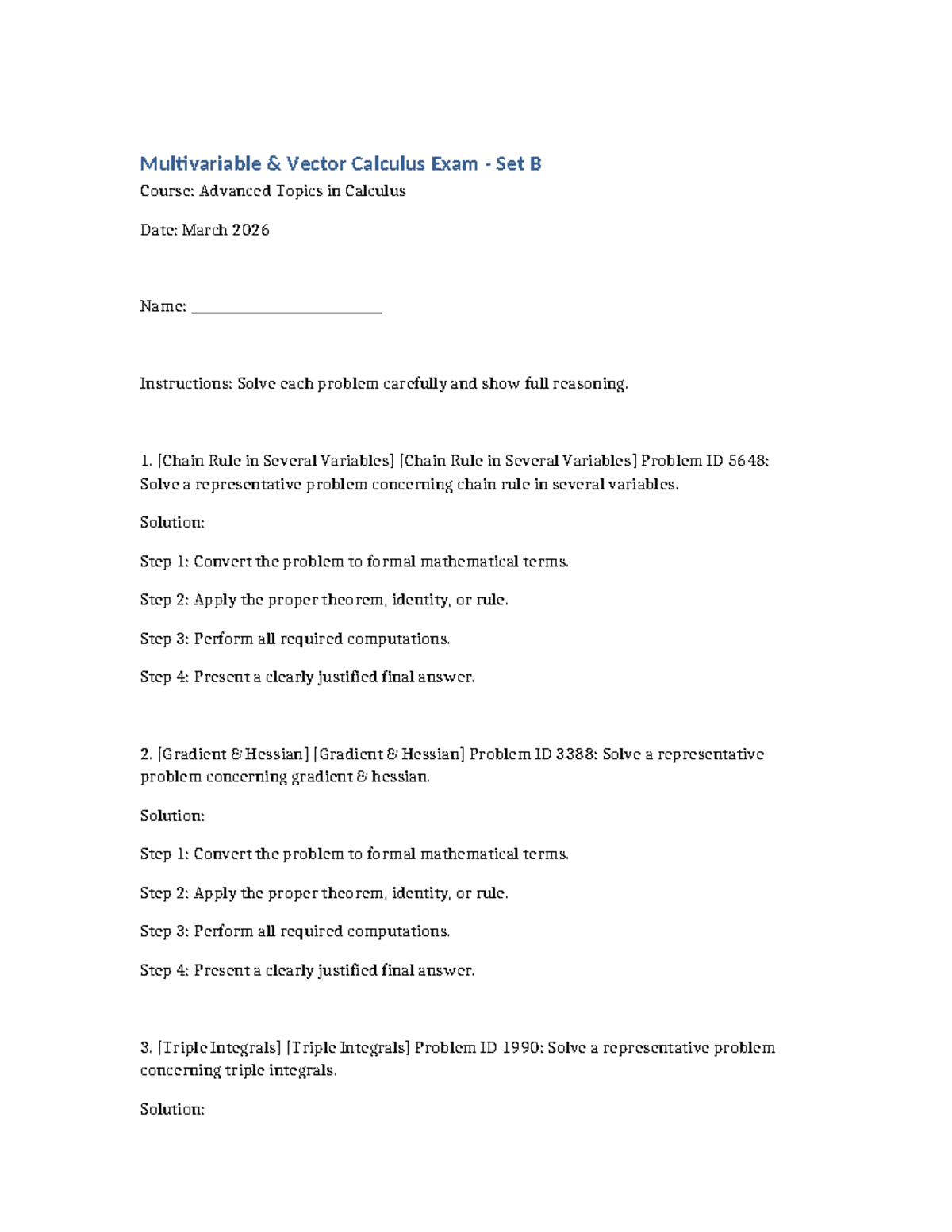 Multivariable Vector Calculus Exam Set B - Math 9625 Solutions - Studocu