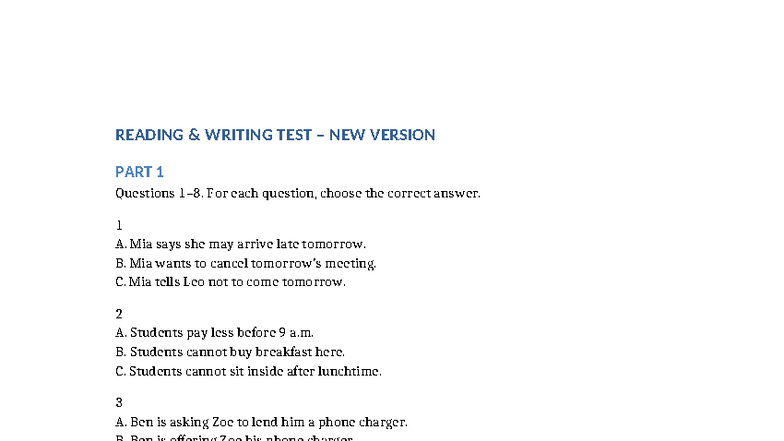 Reading & Writing Test (Part 1-7) - New Version - Studocu