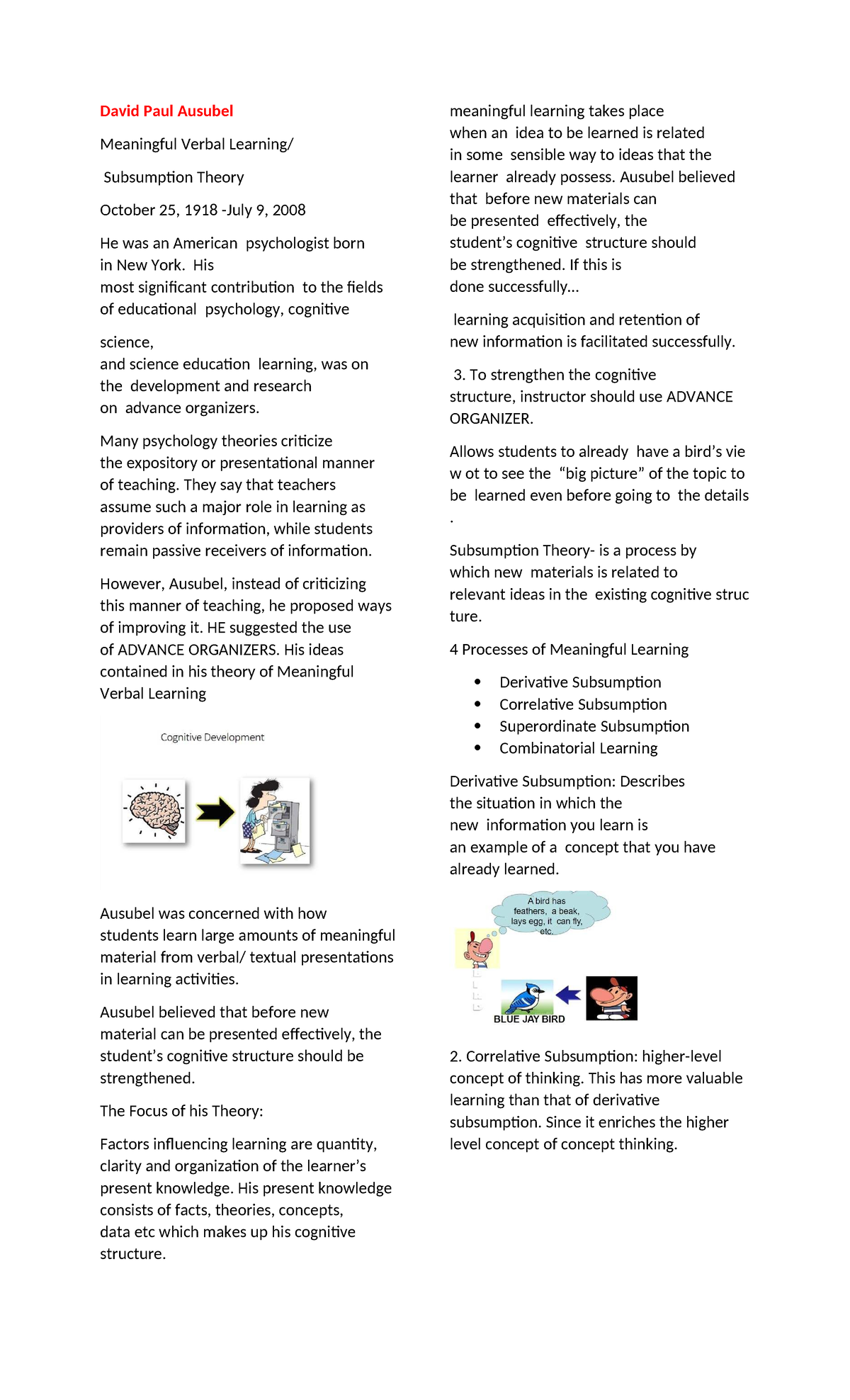 Meaningful Verbal Learning: Ausubel's Theory & Advance Organizers - Studocu