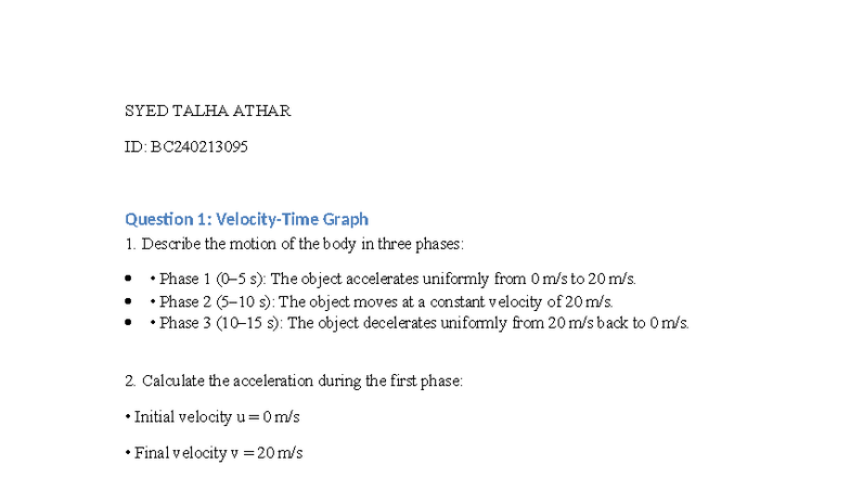 Physics Assignment Motion Analysis And Calculations Studocu