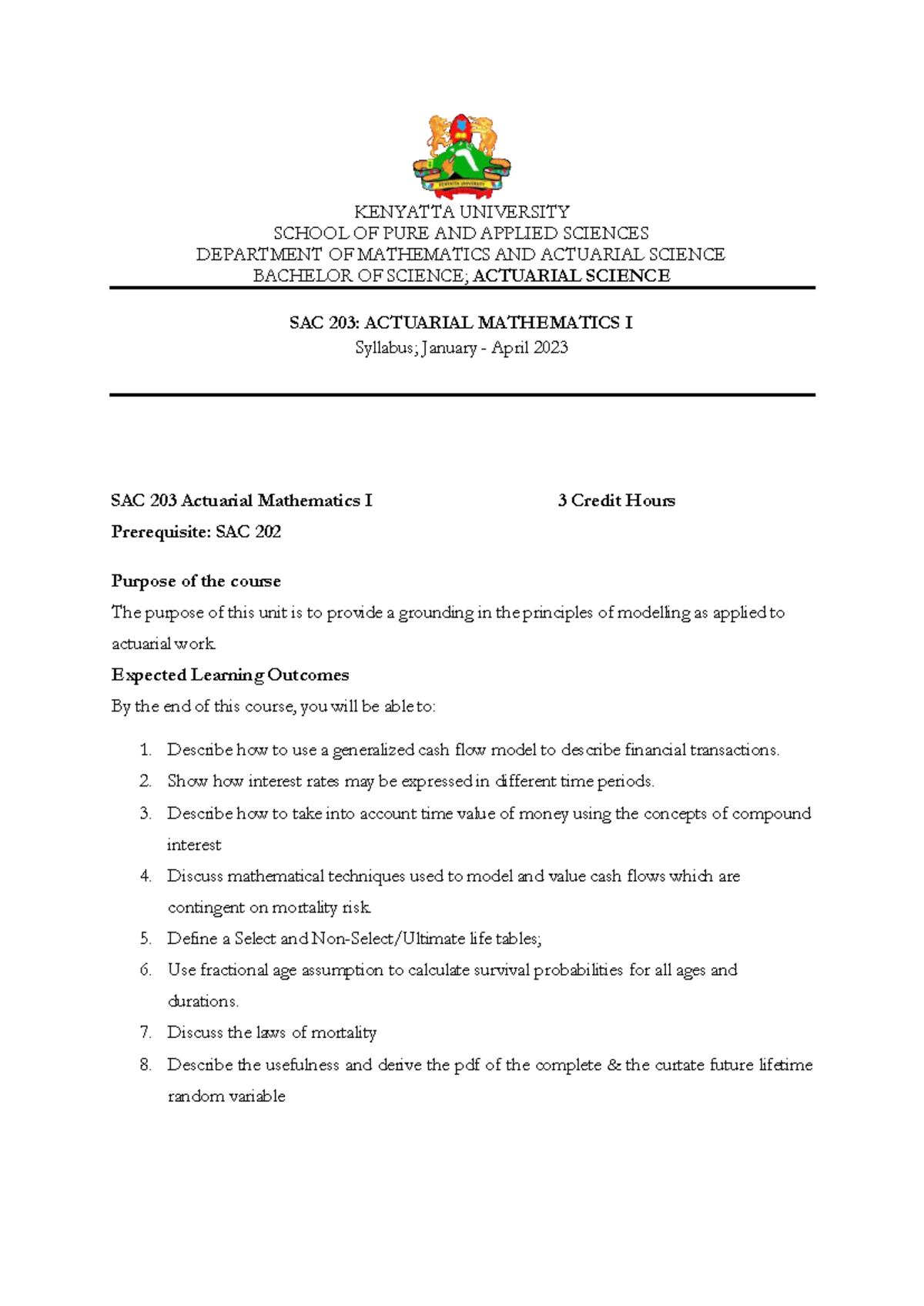 KU-SAC 203 Actuarial Mathematics I - Course Outline (Jan-Apr 2023 ...