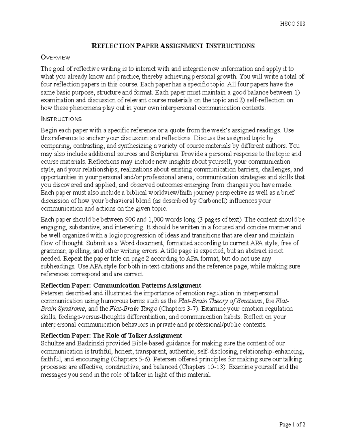 Reflection Paper Assignment Instructions - HSCO 508 REFLECTION PAPER ASSIGNMENT INSTRUCTIONS ...