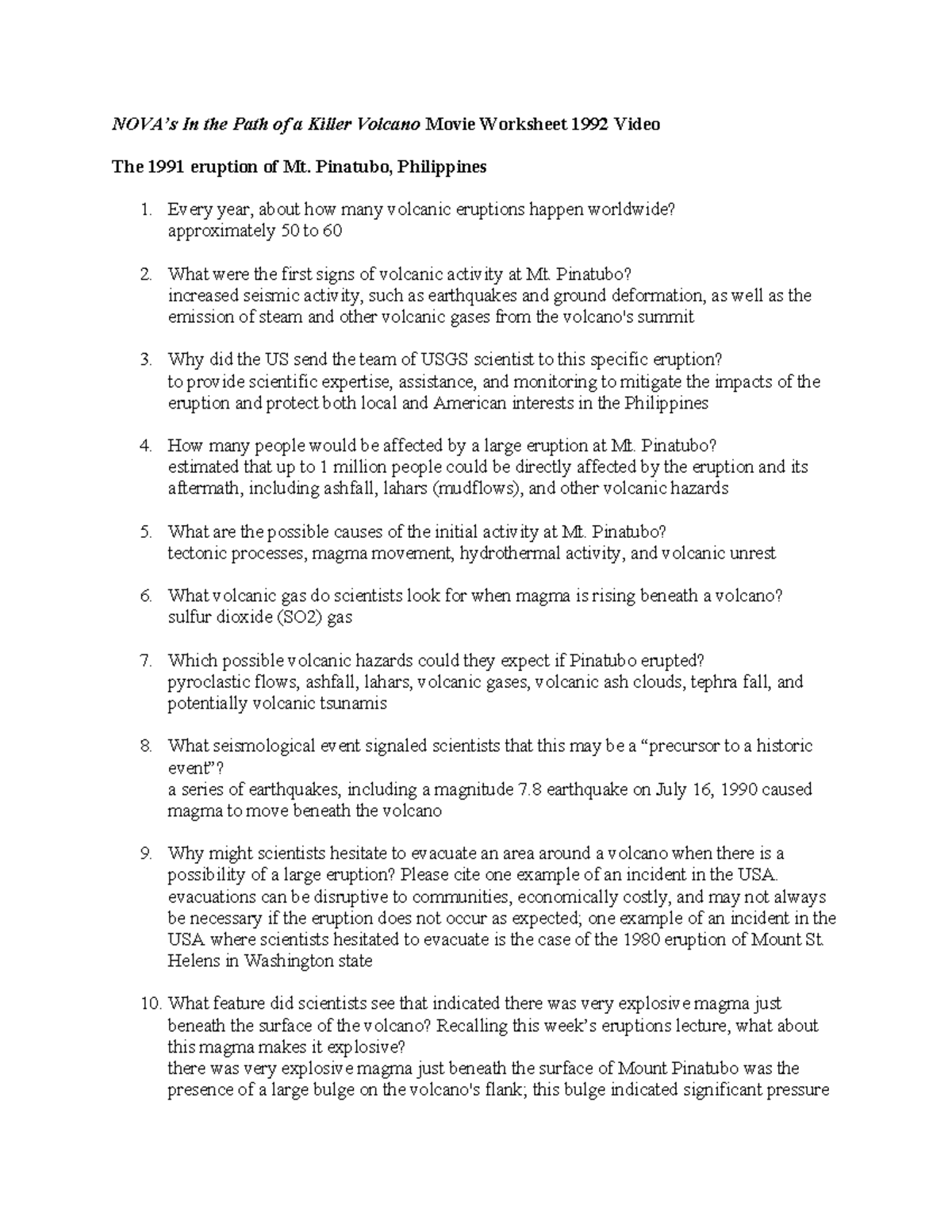 NOVA In the Path of a Killer Volcano: Mt. Pinatubo Insights Worksheet ...