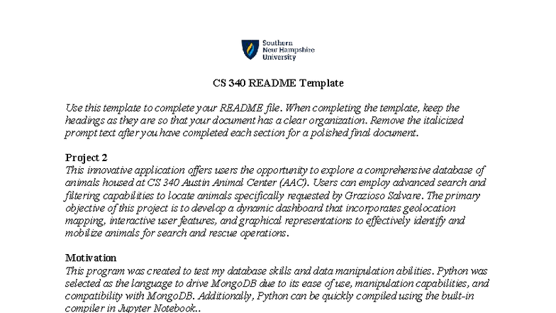 CS 340 Project 2: README Template for Animal Database Application - Studocu