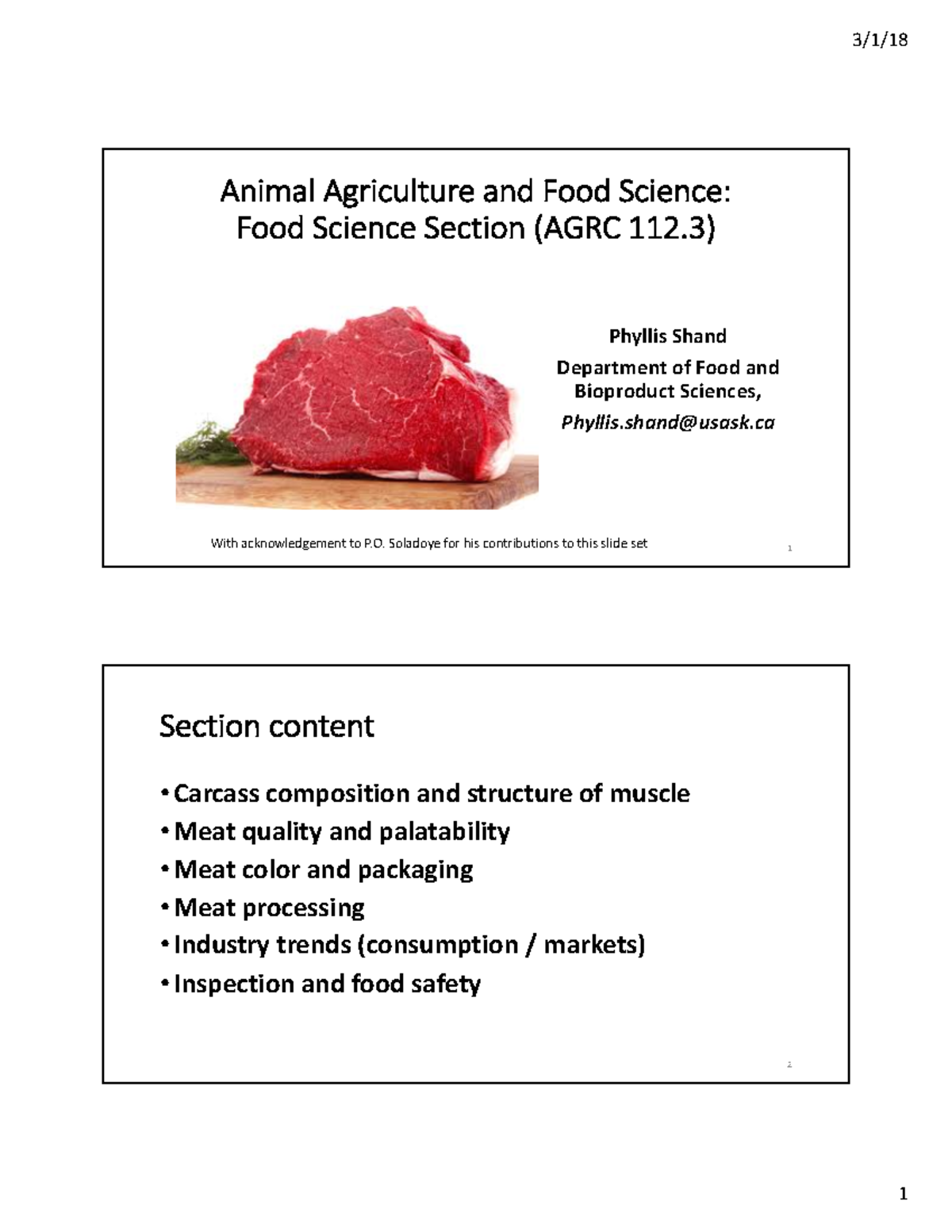 AGR 112.3 Shand Meat Science Part 1 - 3/1/18 Animal'Agriculture'and ...