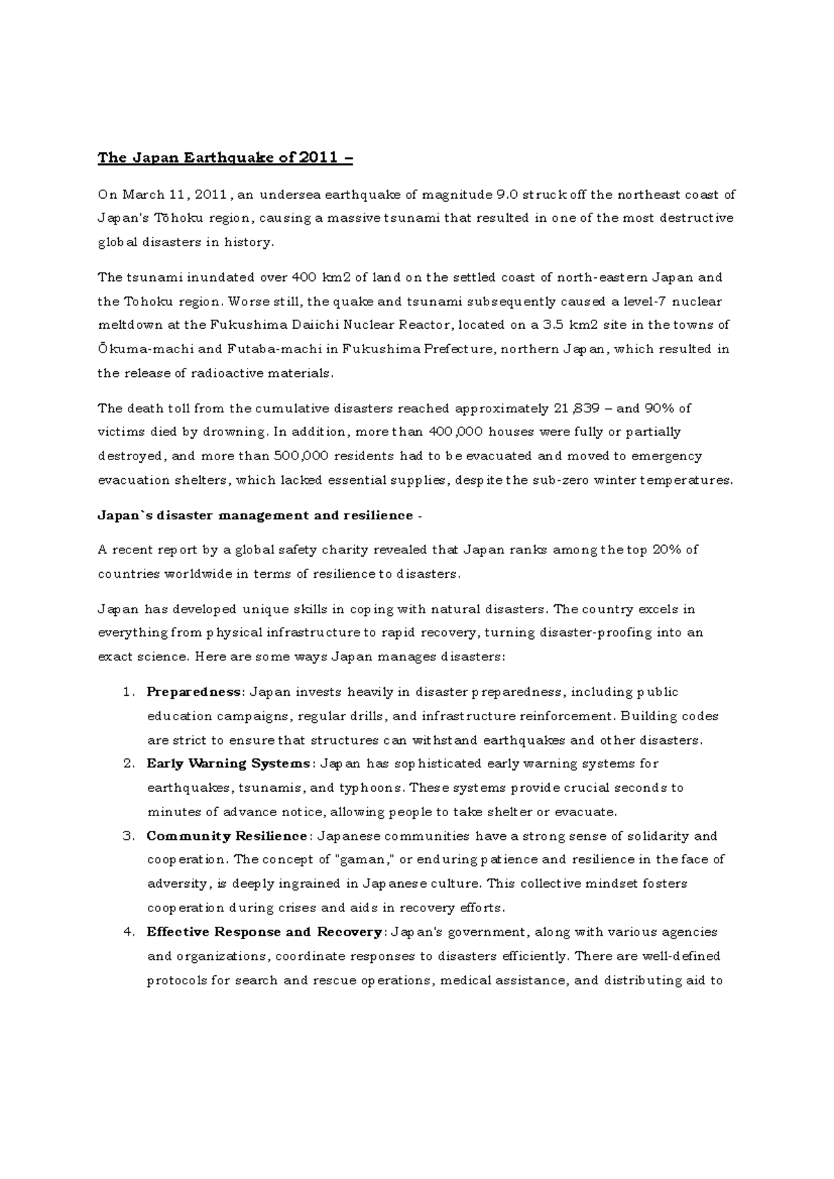 Japan Disaster Mitigation & Resilience: Lessons from 2011 Quake - Studocu