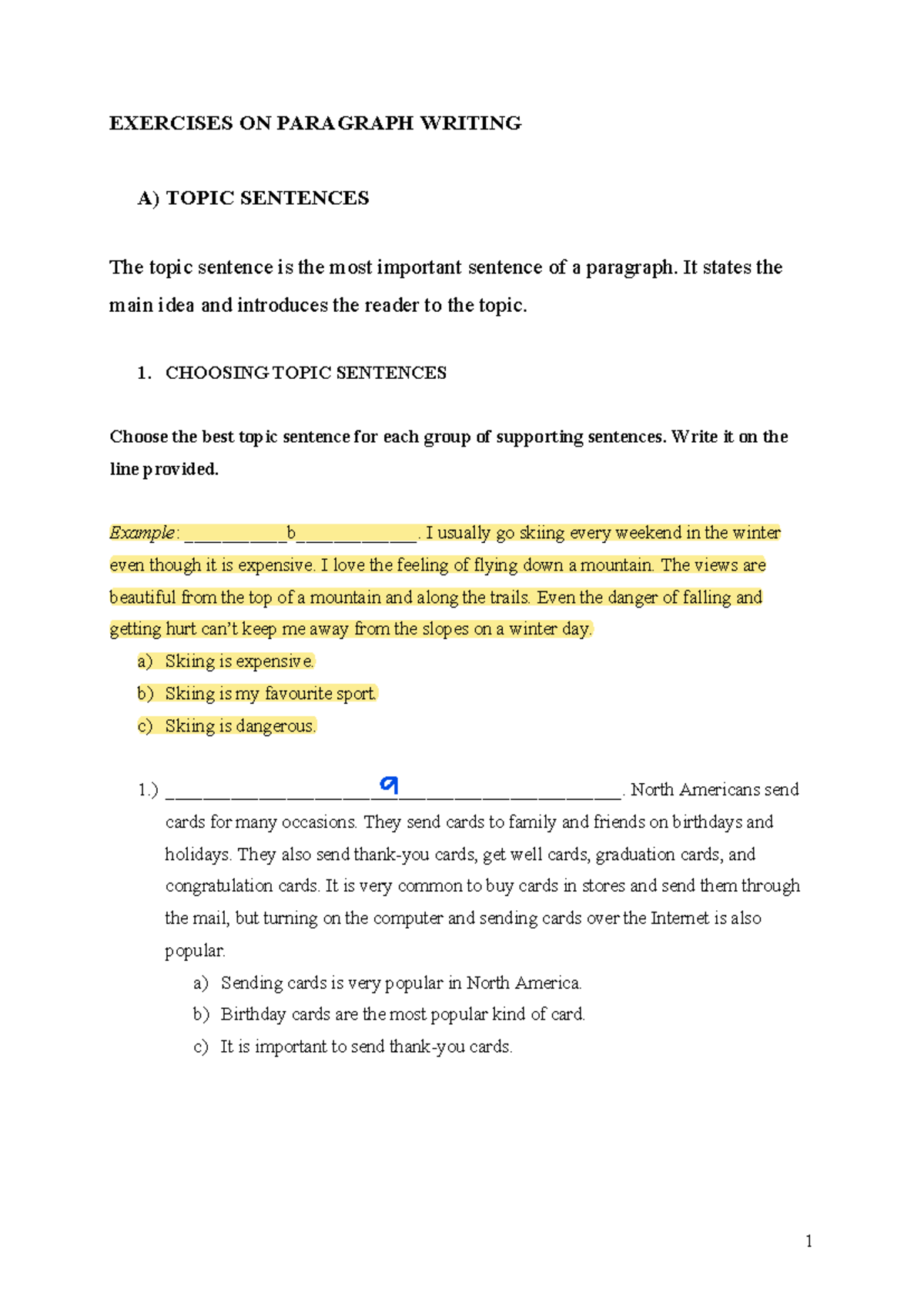 Exercises on topic sentences and supporting details - Studocu