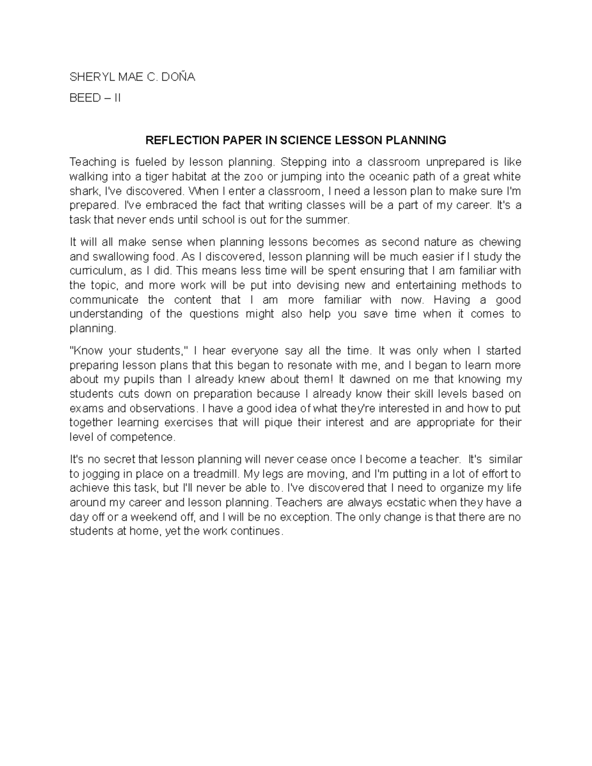 Reflection Paper: Insights from Science Lesson Planning - BEED II - Studocu