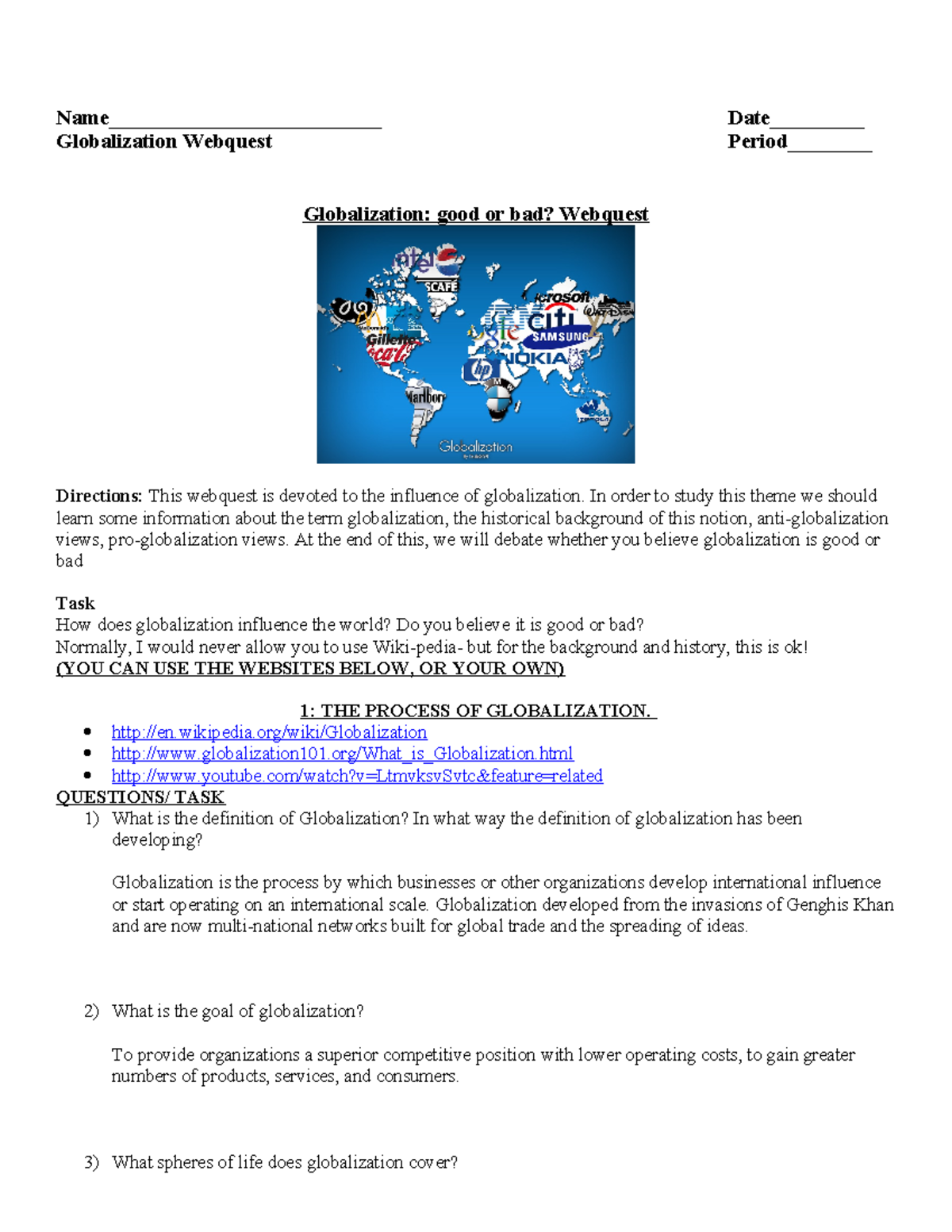 Globalization Webquest-2: Examining Pros and Cons of Globalization ...