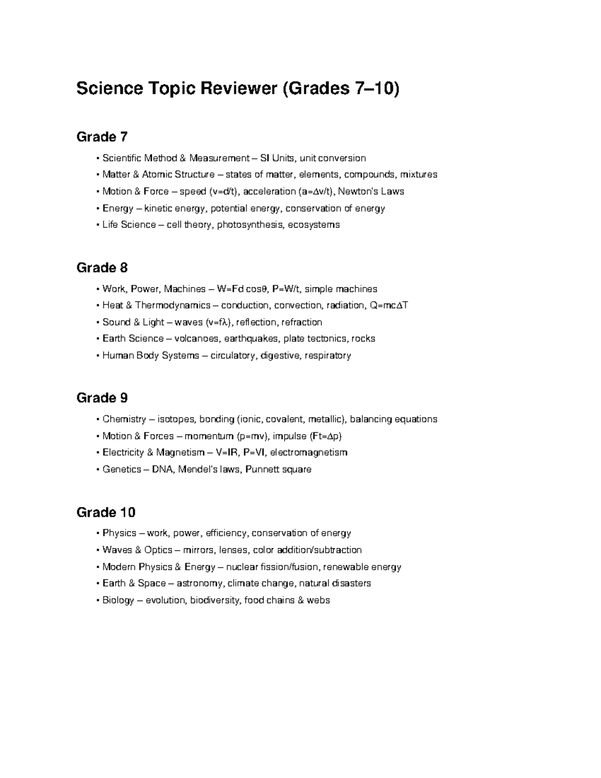 Science Topic Reviewer (Grades 7-10): Key Concepts & Methods - Studocu