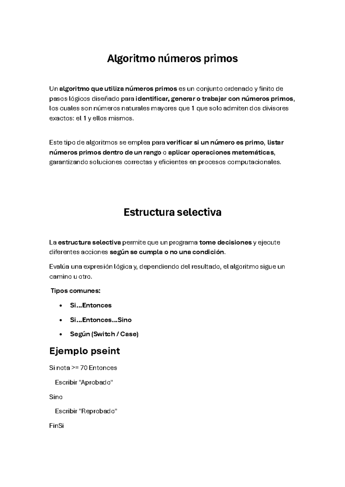 Algoritmo de Números Primos y Estructura Selectiva en Pseint - Studocu