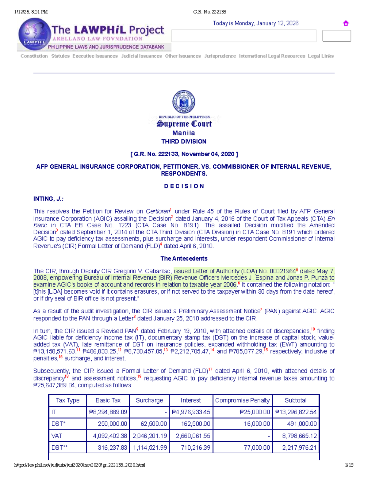 AFP G.R. No. 222133 - Tax Assessment Review: AGIC vs. CIR Decision ...
