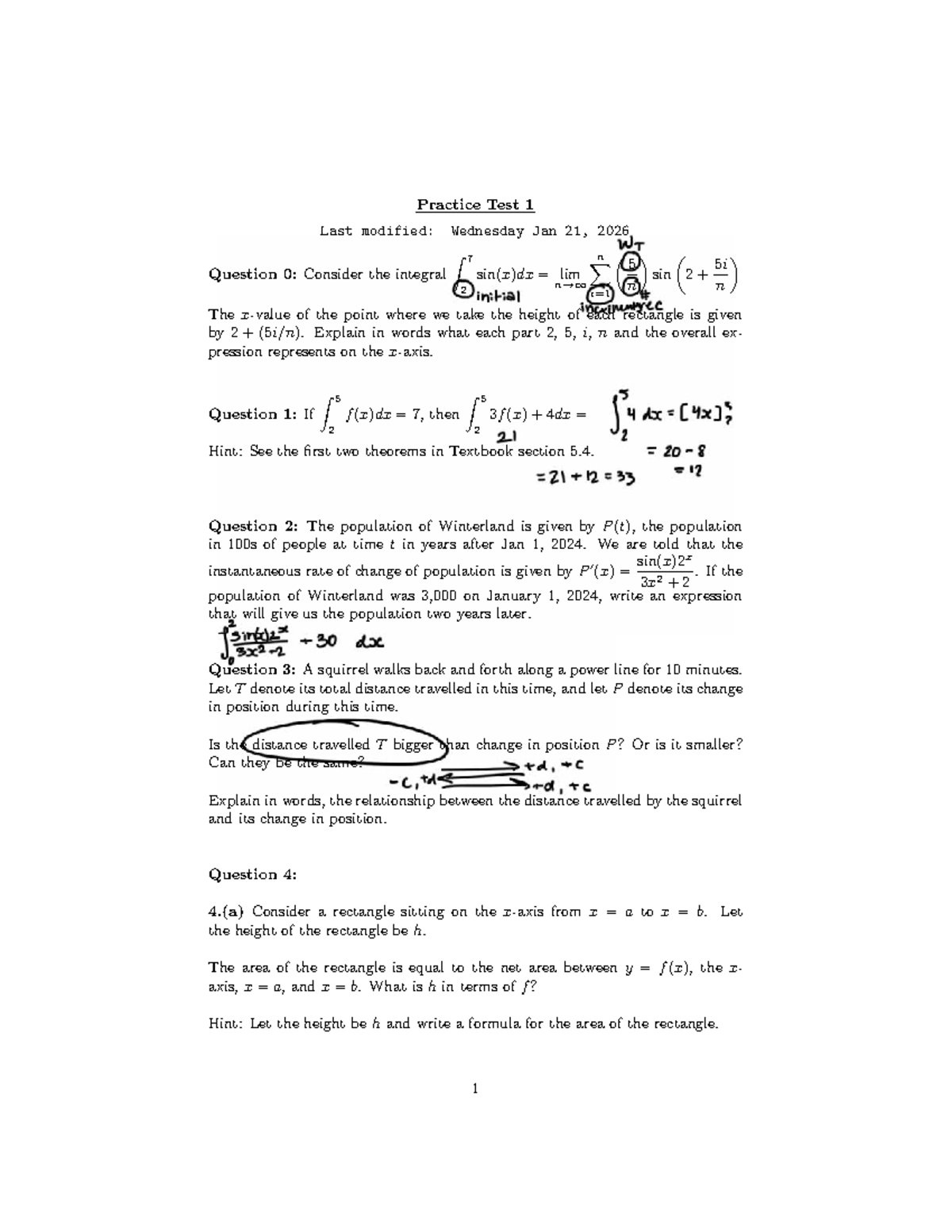 MAT136 Practice Test 1: Integral and Population Dynamics Questions ...