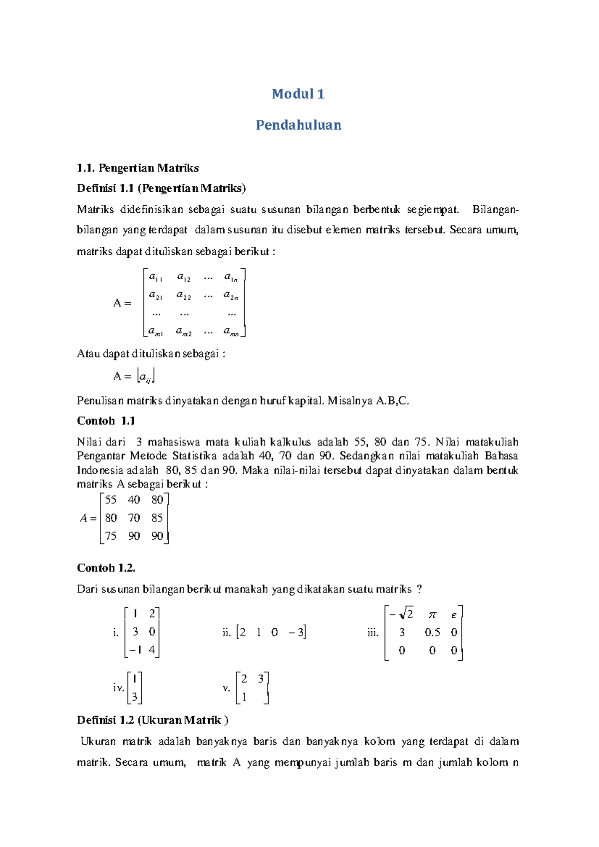 Modul 1 Dasar-Dasar Matriks: Pengantar dan Operasi Matrik - Studocu