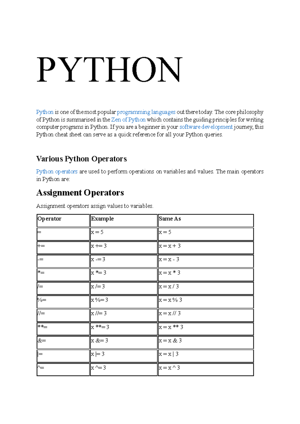 PYTHON Cheat Sheet: Essential Python Operators & Concepts for Beginners - Studocu