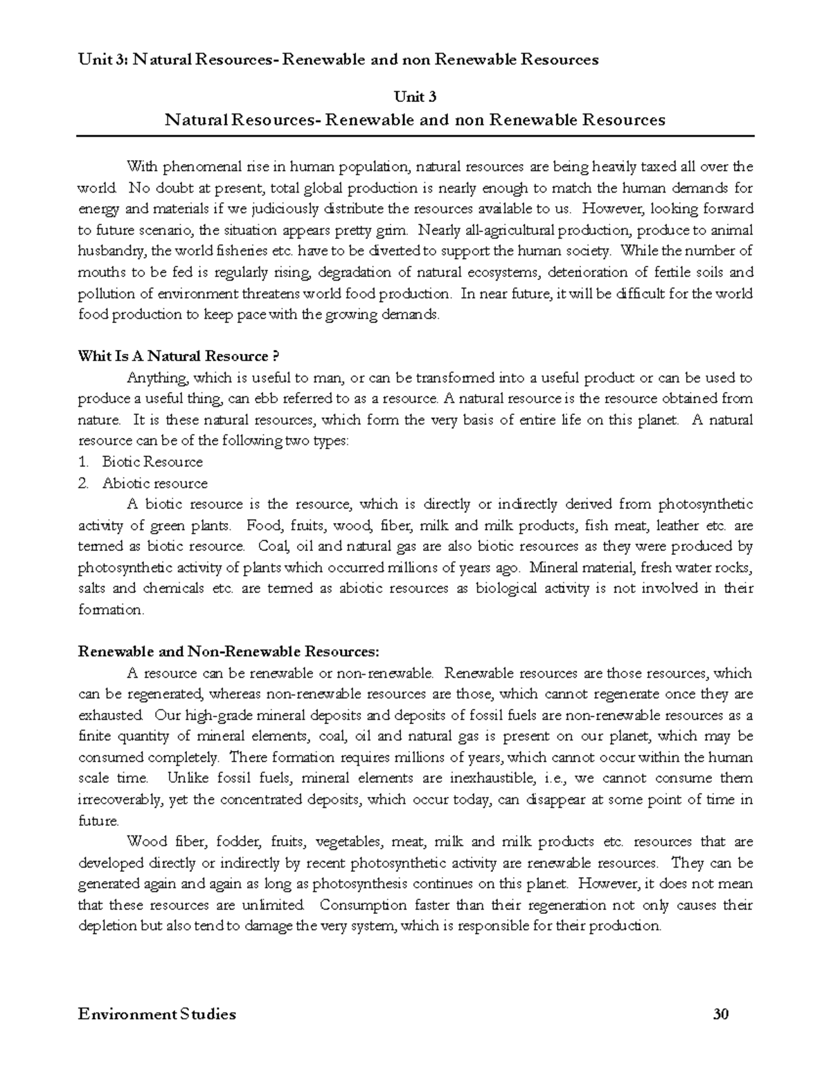 Unit 3: Natural Renewable and Non-Renewable Resources Overview - Studocu