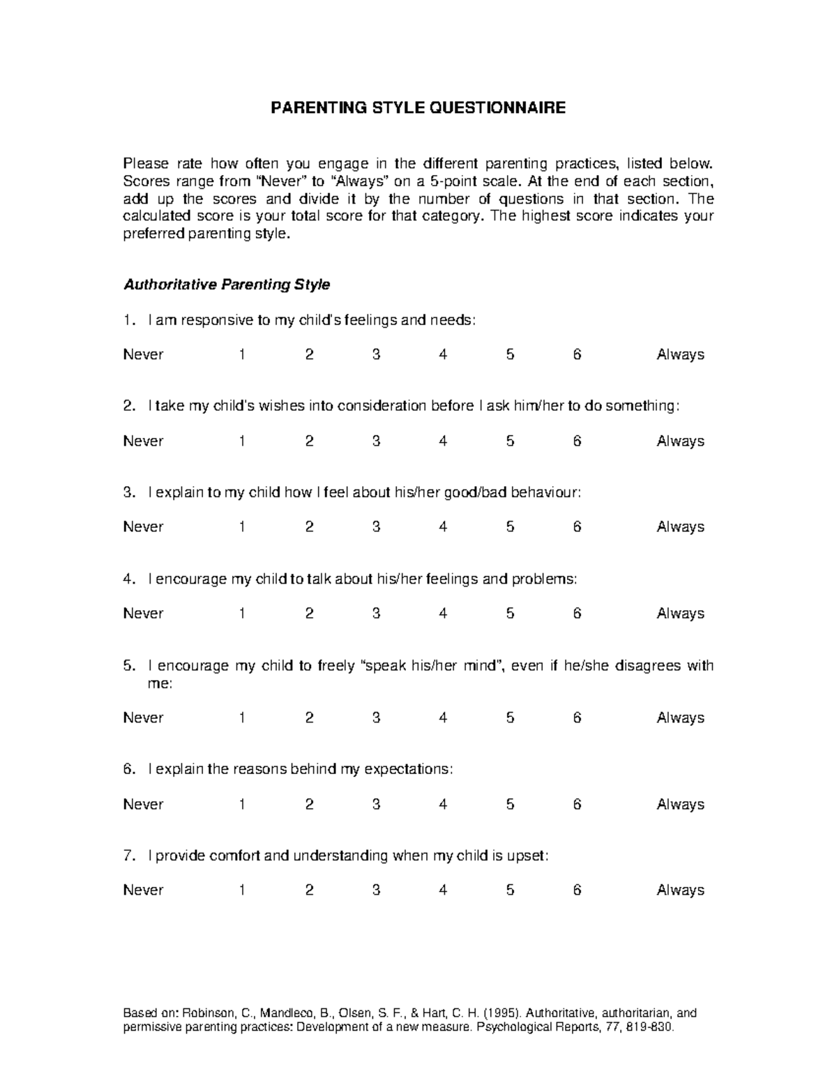 Parenting Style Questionnaire: Scoring for Authoritative, Authoritarian ...