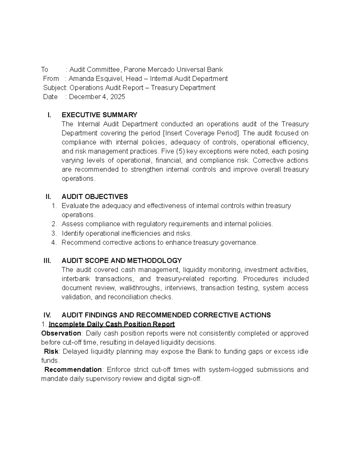 Operations Audit Report: Treasury Dept. - Dec 2025 - Studocu