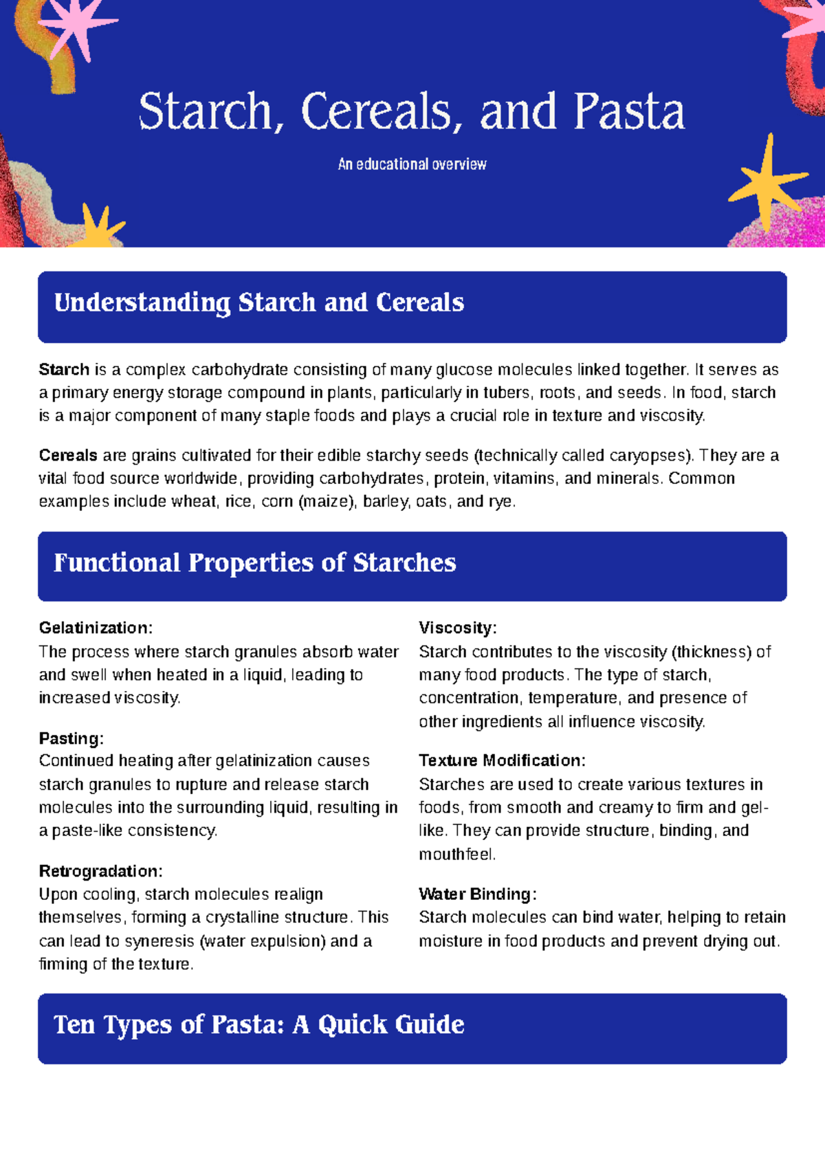 Starch, Cereals, and Pasta: An Educational Overview - Studocu